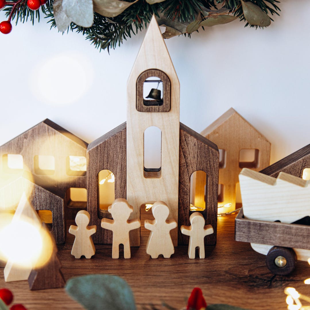 Solid Wood Village, Houses, Trains and Railway, Pretend Play, Handmade ...