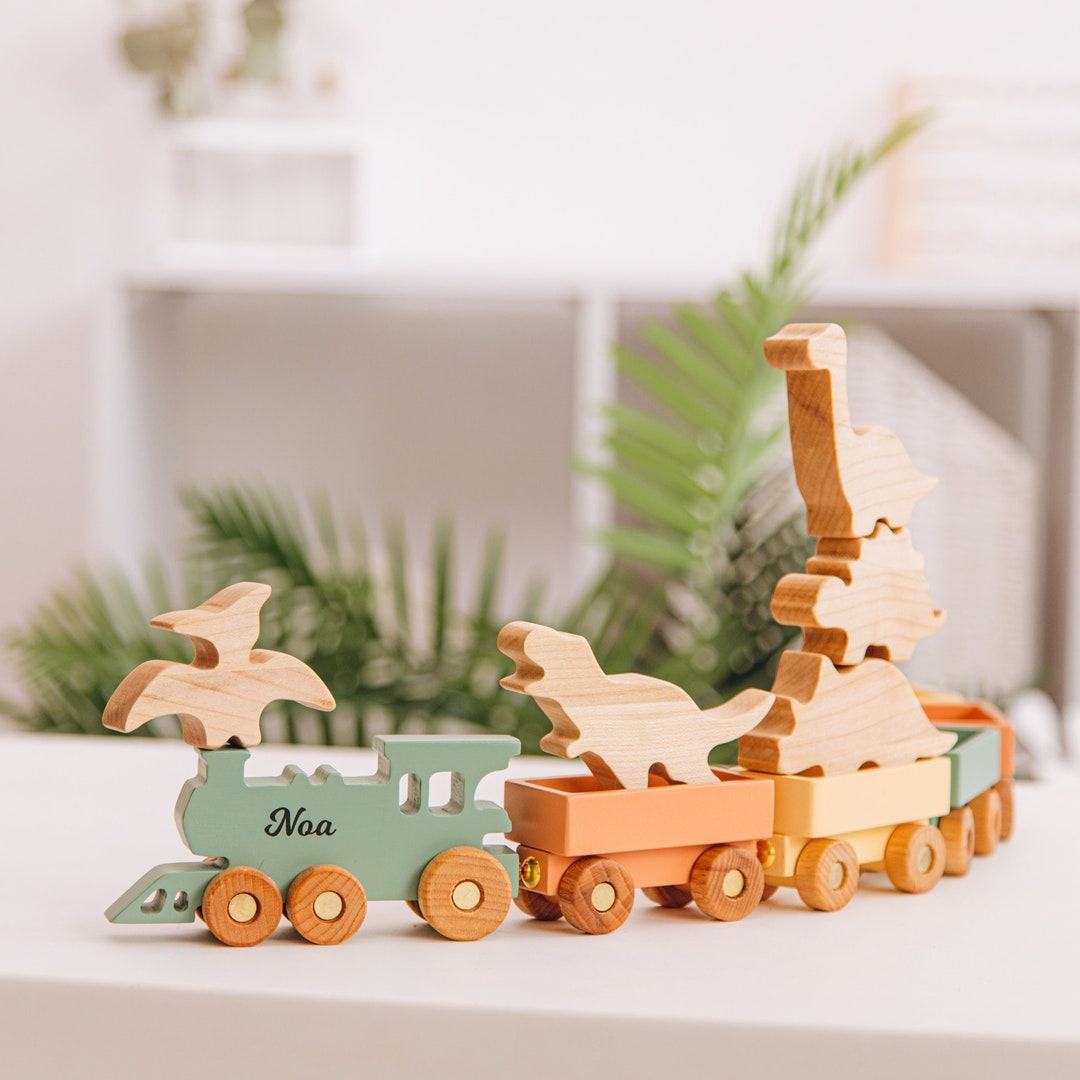 Personalized Colored Freight Train With Dino Wooden Toys for Toddlers 1 ...