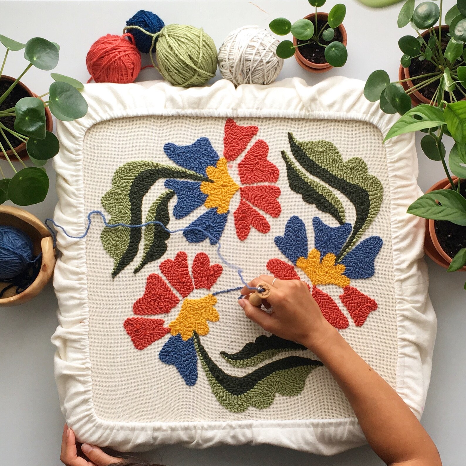 Triad of Flowers Pillow - 18" X 18" Pattern, Punch Needle, Rug Hooking ...