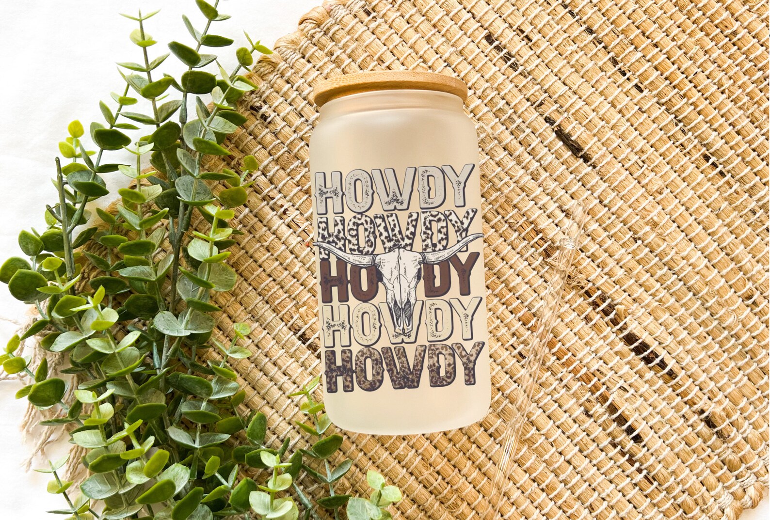 Howdy Bull Skull Boho Western 16oz Frosted Glass Can Tumbler - Etsy