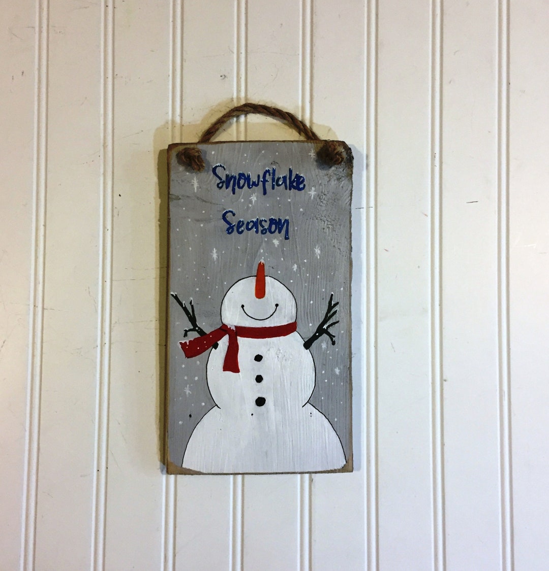 Snowman on Wooden Plank. Hand-painted Picture of a Snowman, "snowflake ...