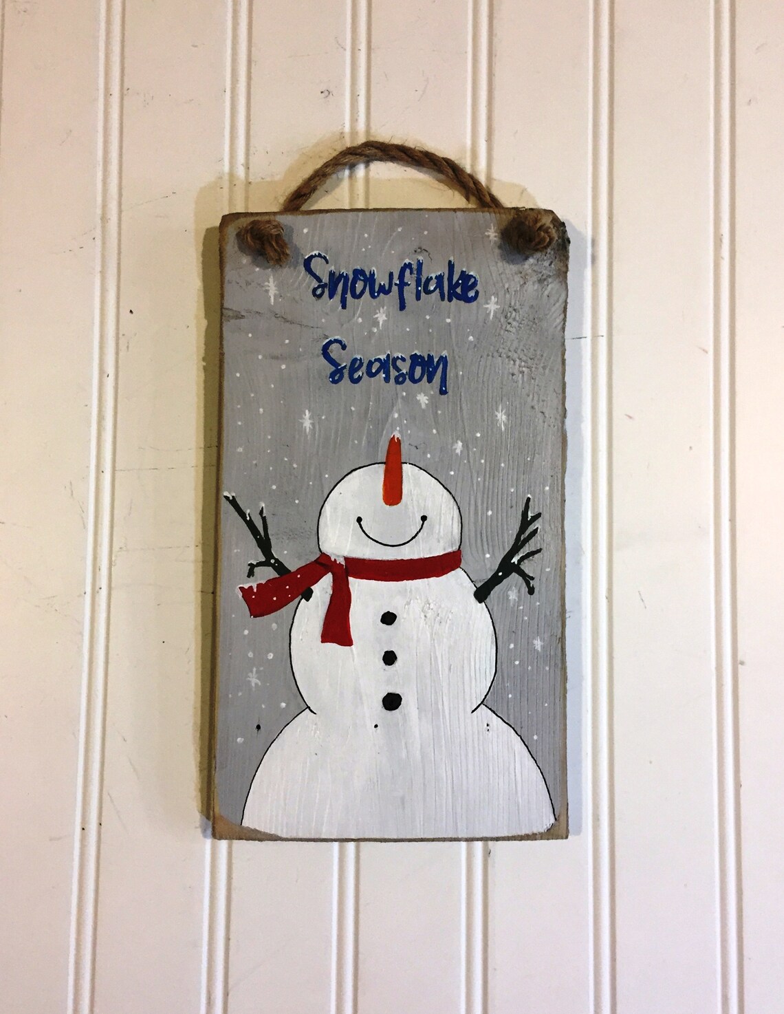 Snowman on Wooden Plank. Hand-painted Picture of a Snowman, "snowflake ...