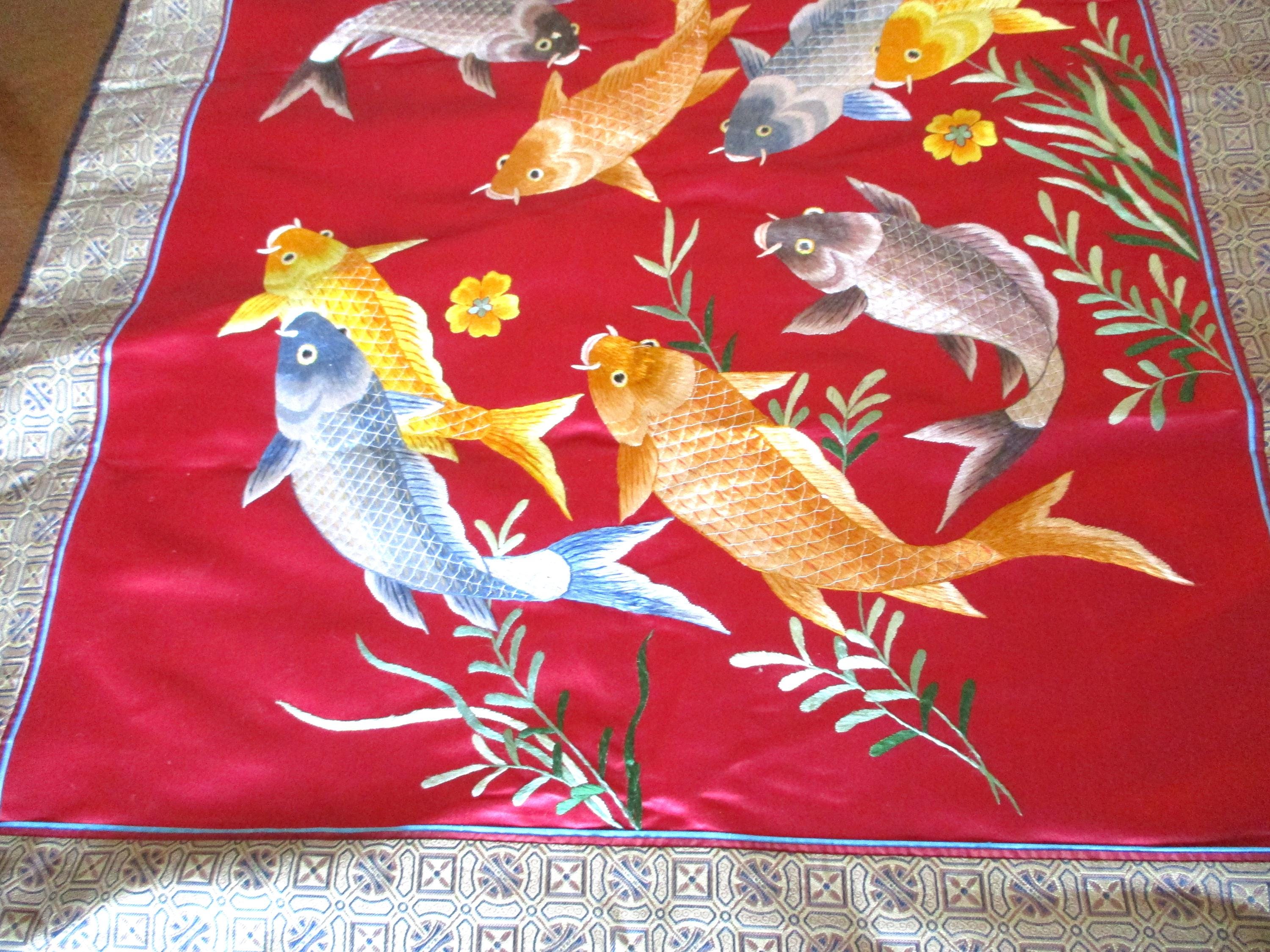 CHINESE Hand Embroidered Koi Fish Wall Hanging DON HUANG Signed 38 1/2 ...