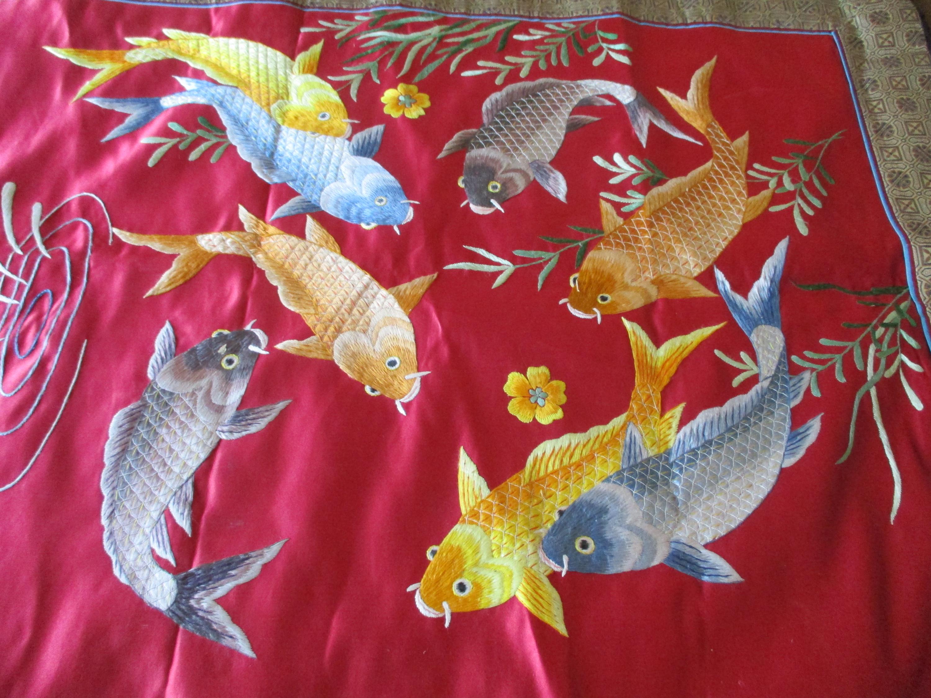 CHINESE Hand Embroidered Koi Fish Wall Hanging DON HUANG Signed 38 1/2 ...
