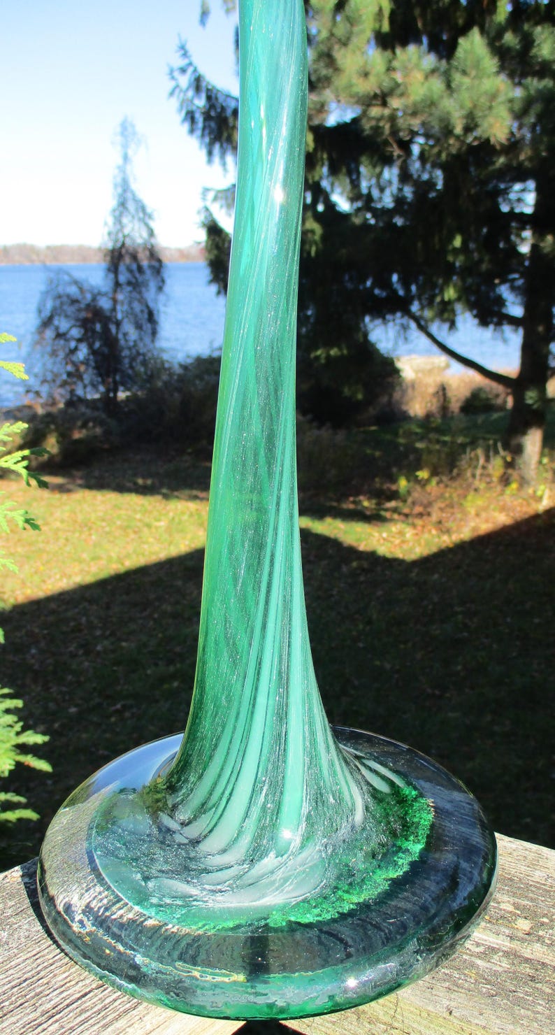 MURANO Blown Art Glass Goose Neck Curved TRUMPET VASE Green Confetti ...