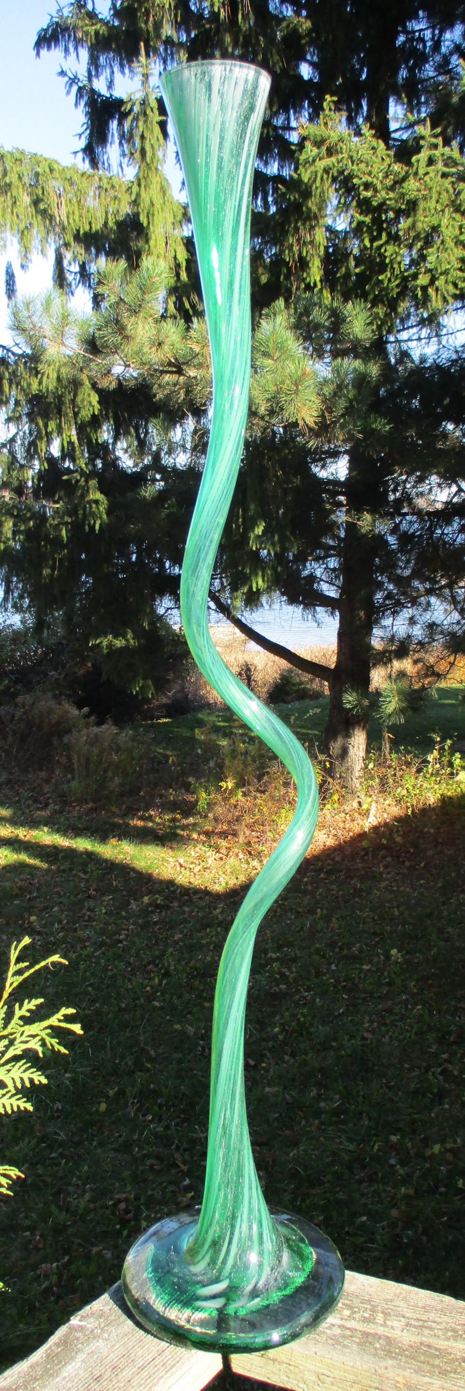 MURANO Blown Art Glass Goose Neck Curved TRUMPET VASE Green Confetti ...