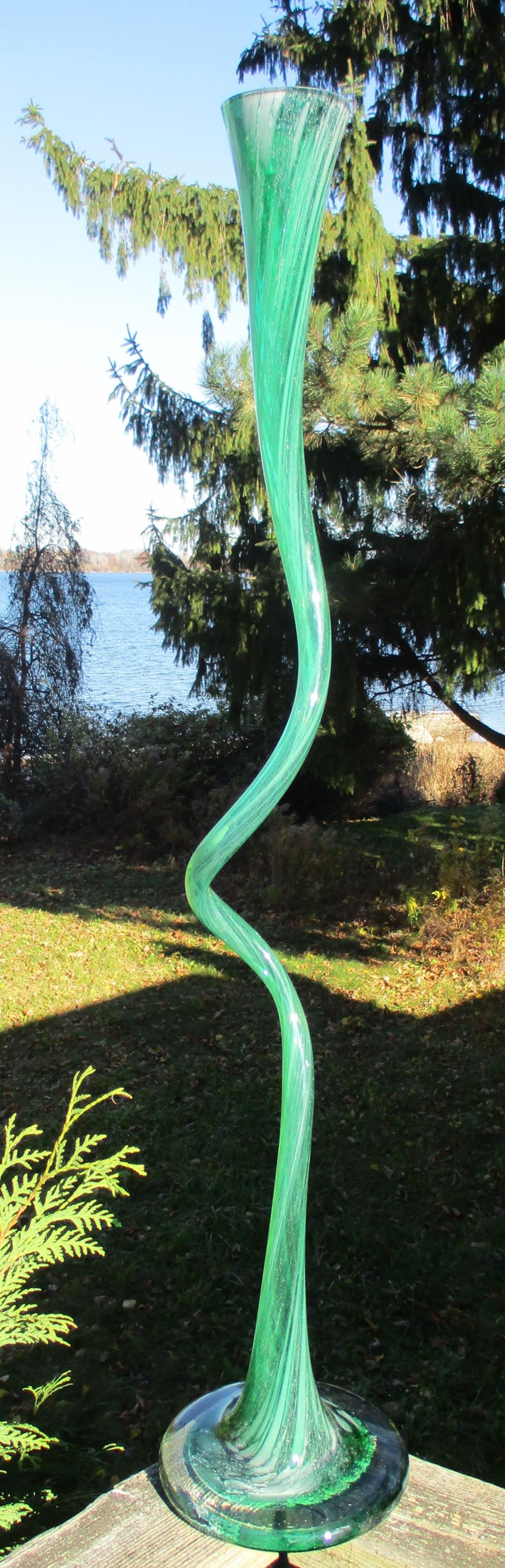 MURANO Blown Art Glass Goose Neck Curved TRUMPET VASE Green Confetti ...
