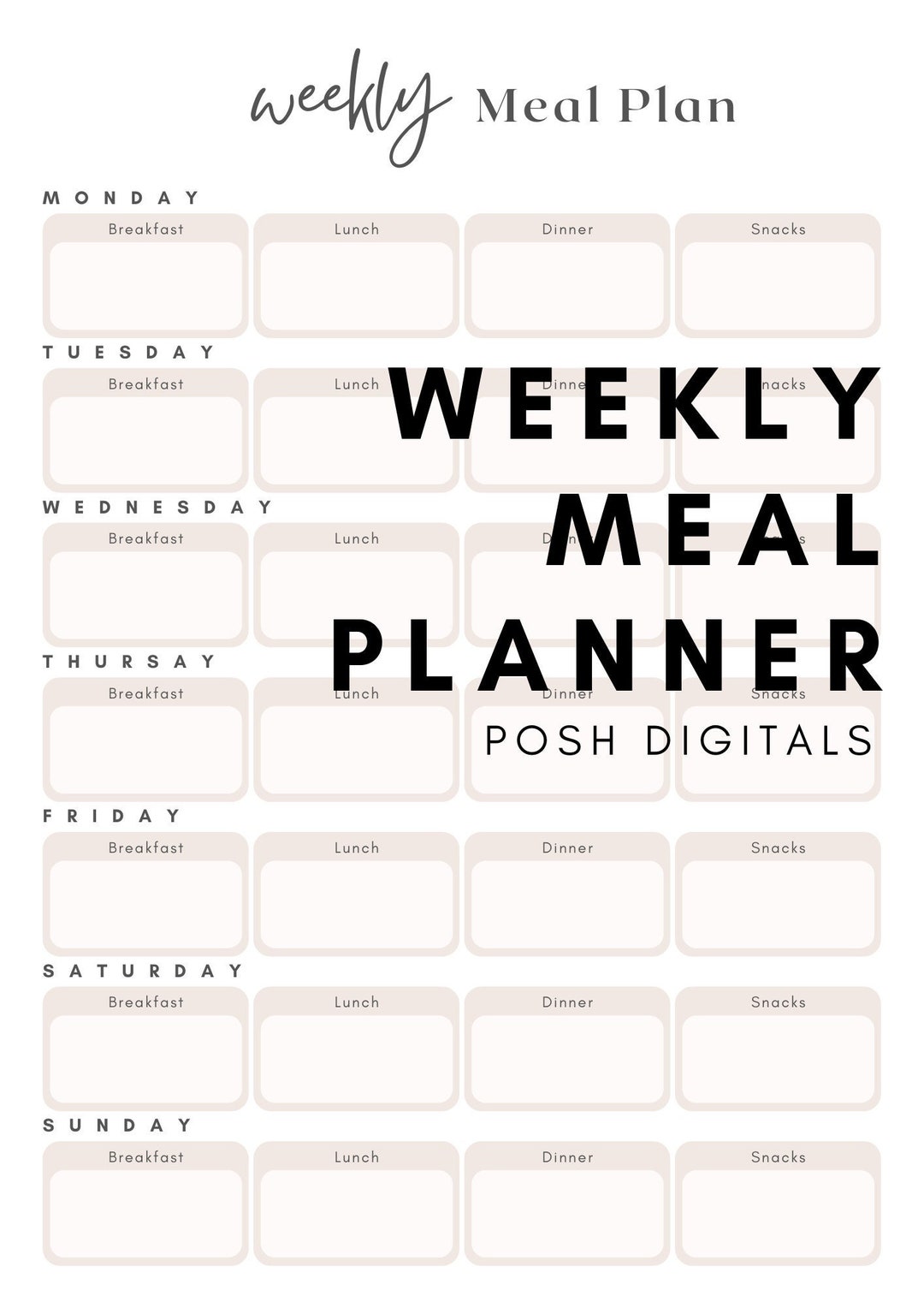 Weekly Meal Planner, Breakfast, Lunch, Dinner, Snacks, PDF Printable ...