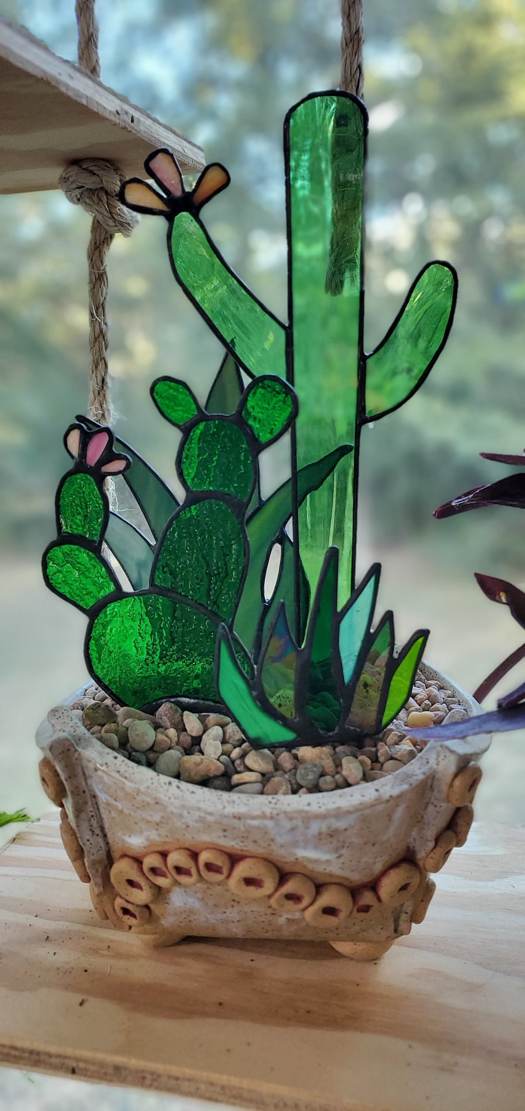 Stained Glass Cactus Planter With Pot, Vibrant Stained Glass Cactus Pot ...