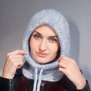 Knit Angora Hood/pastel Blue Knit Angora Balaclava/blue Melange Knitted ...