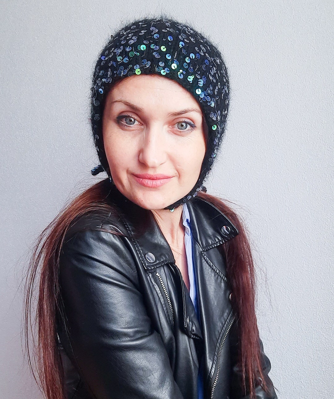 Black Sequins Adult Bonnet/black Shiny Knit Bonnet Hat/angora Knit ...