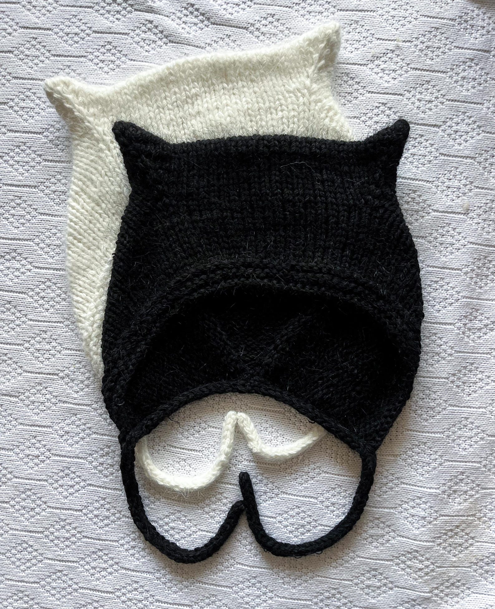 Cat Ears Knit Adult Bonnet/kitty Black Knit Angora Bonnet Adult/white ...