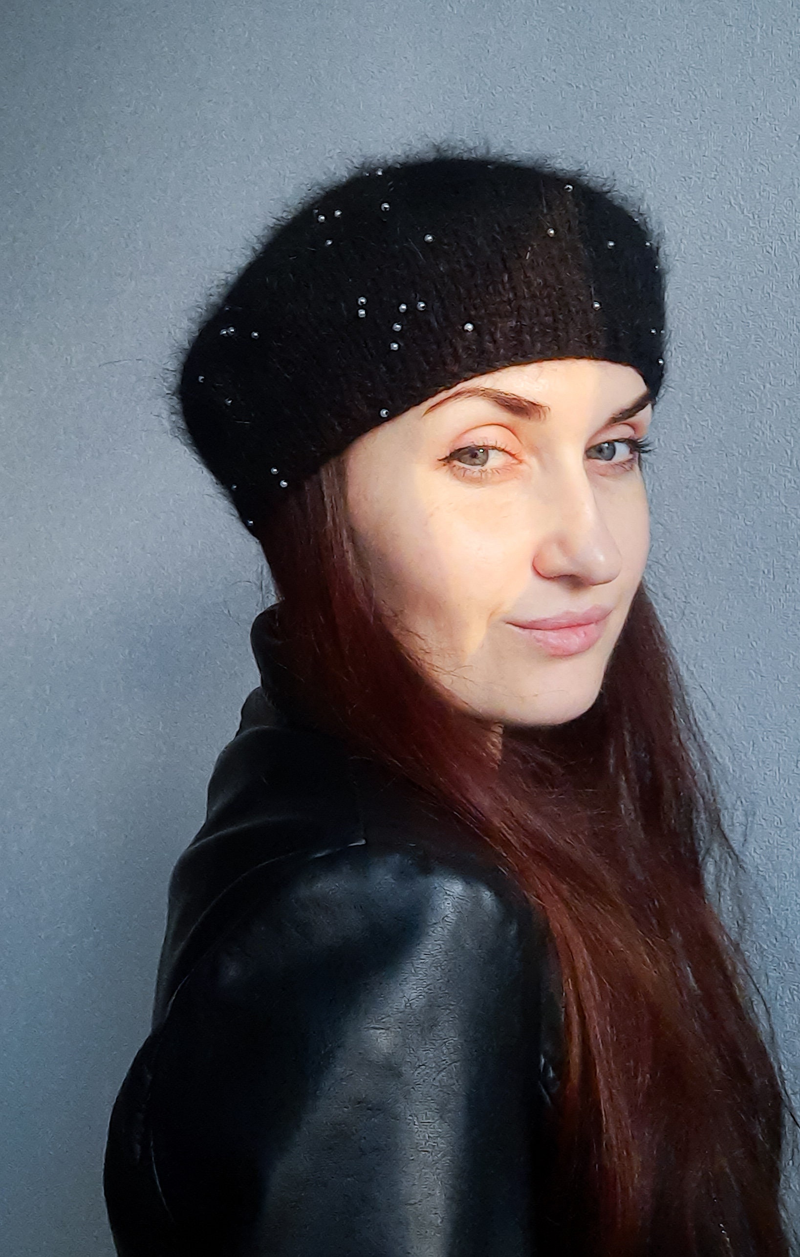 Black Knit Angora Beret/black Knit Beret With Beads/angora Knitted ...