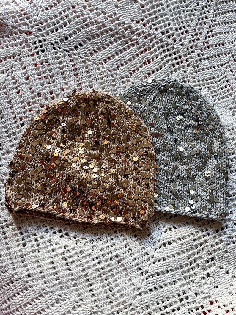 Golden Beige Sequins Knit Beanie Hat/silver Shiny Cotton Beany/knit ...