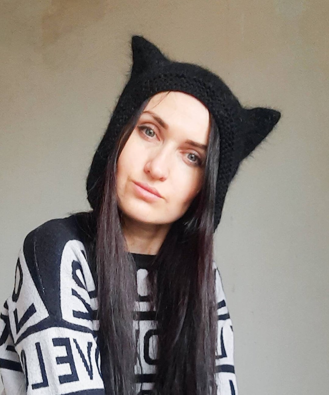 Cat Ears Knit Adult Bonnet/kitty Black Knit Angora Bonnet Adult/kitty ...