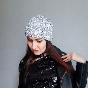White Sequins Knit Beanie Hat/white Shiny Knit Cotton Beany/knit Cotton ...