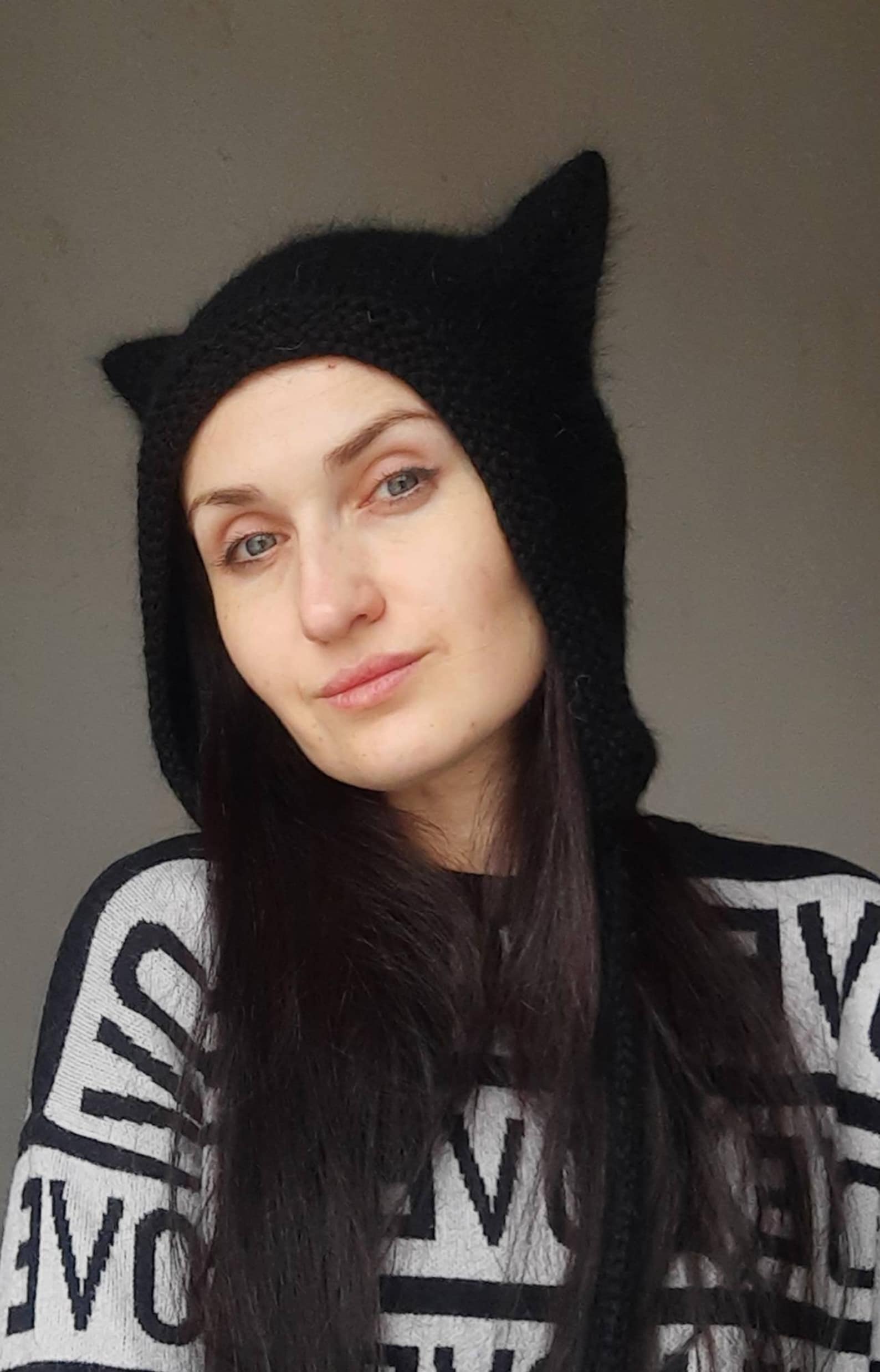 Cat Ears Knit Adult Bonnet/kitty Black Knit Angora Bonnet Adult/kitty ...