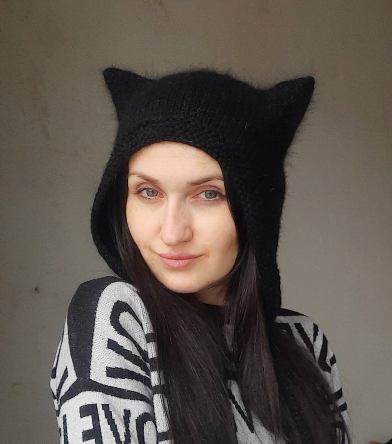 Cat Ears Knit Adult Bonnet/kitty Black Knit Angora Bonnet Adult/kitty ...