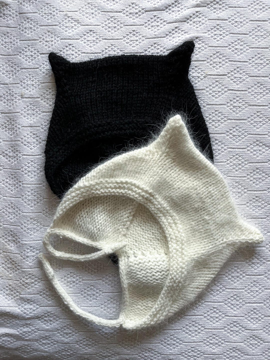 Cat Ears Knit Adult Bonnet/kitty Black Knit Angora Bonnet Adult/white ...