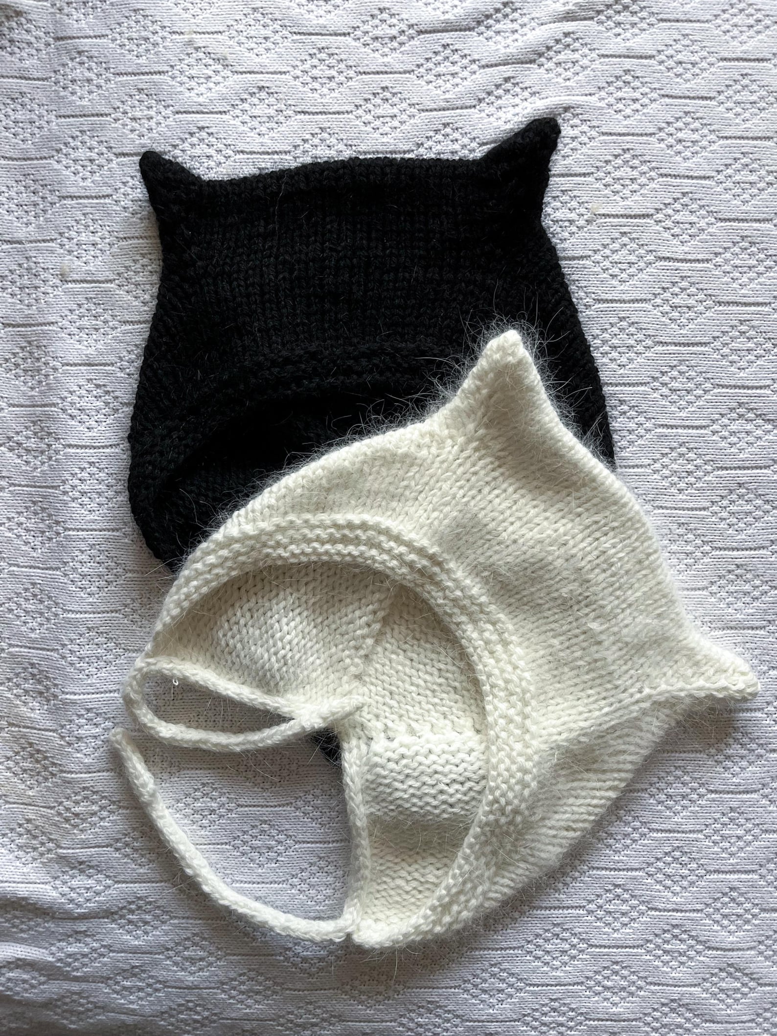 Cat Ears Knit Adult Bonnet/kitty Black Knit Angora Bonnet Adult/white ...