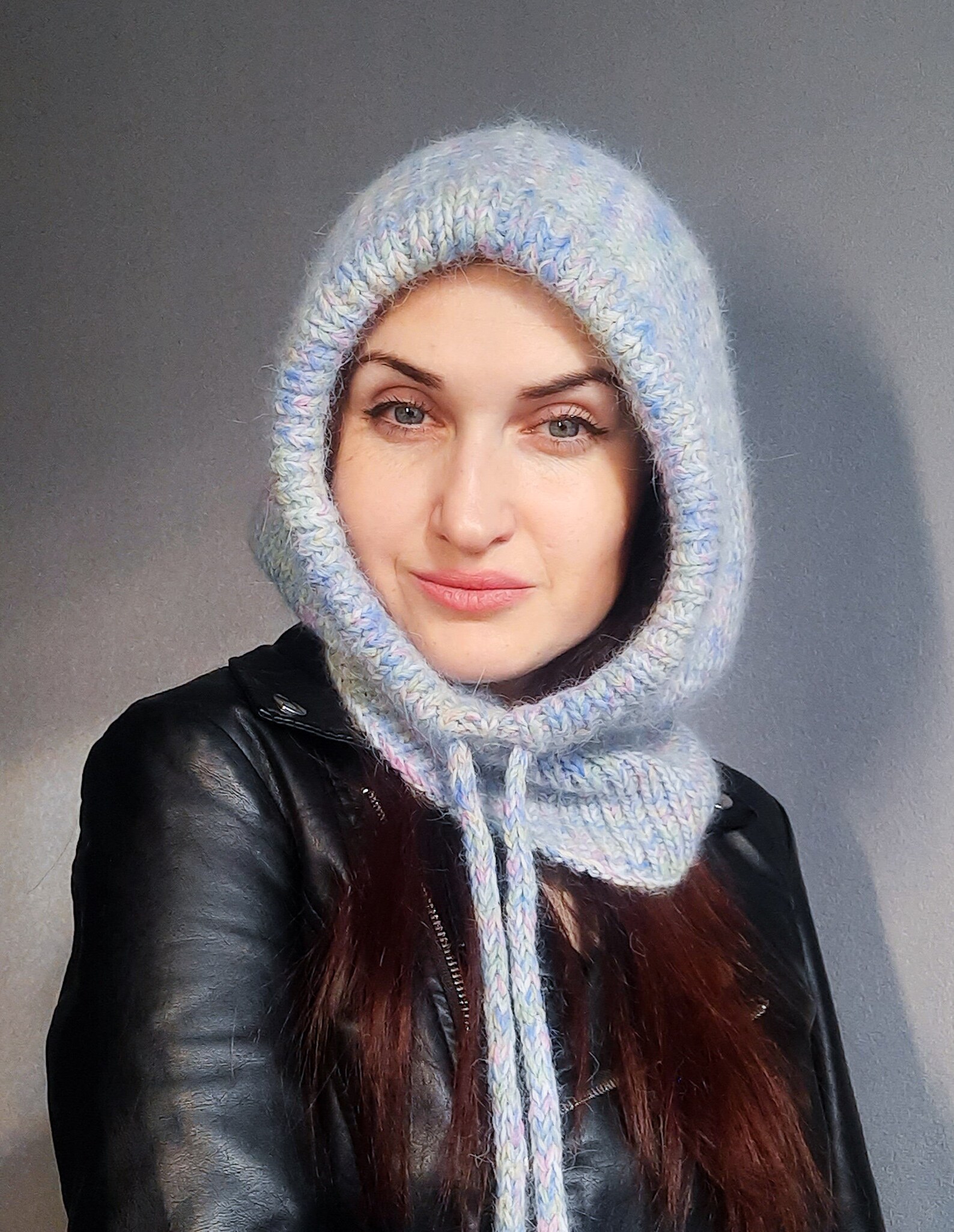 Knit Angora Hood/pastel Blue Knit Angora Balaclava/blue Melange Knitted ...