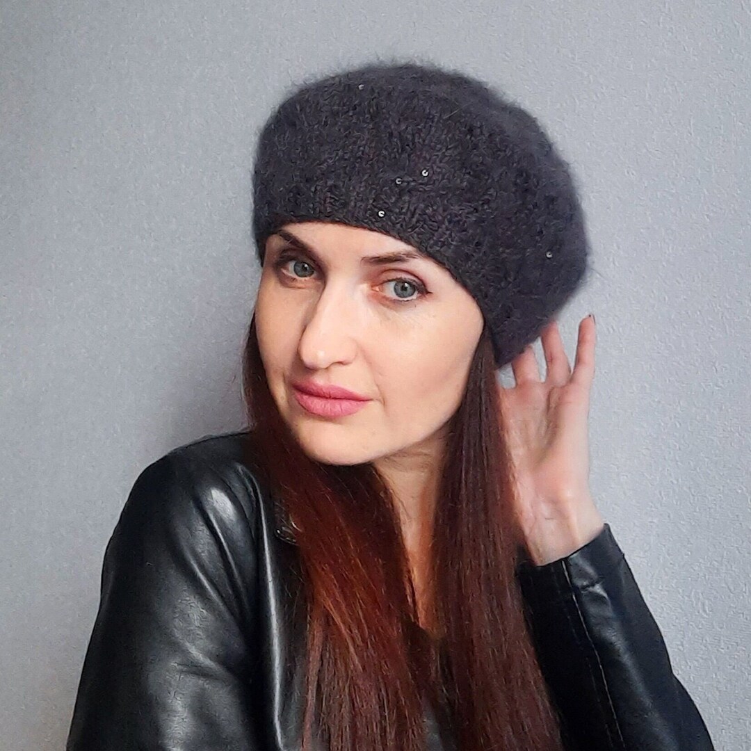 Gray Angora Knit Sequin Beret/pailettes Angora Knit Beret/dark Gray ...