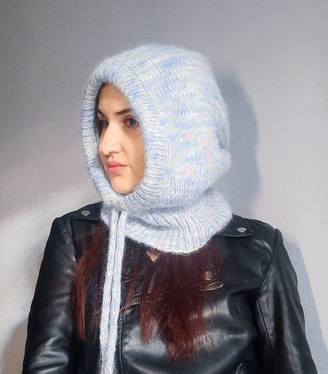 Knit Angora Hood/pastel Blue Knit Angora Balaclava/blue Melange Knitted ...