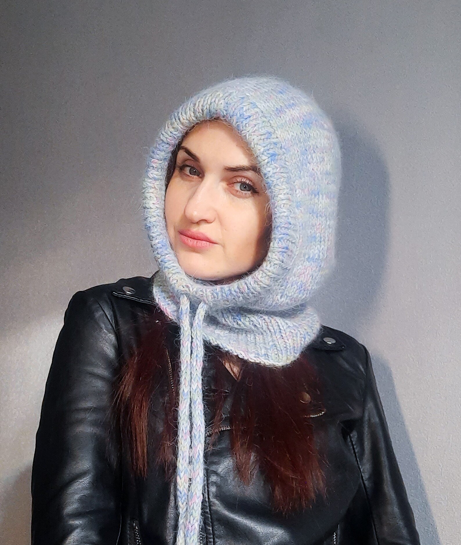 Knit Angora Hood/pastel Blue Knit Angora Balaclava/blue Melange Knitted ...