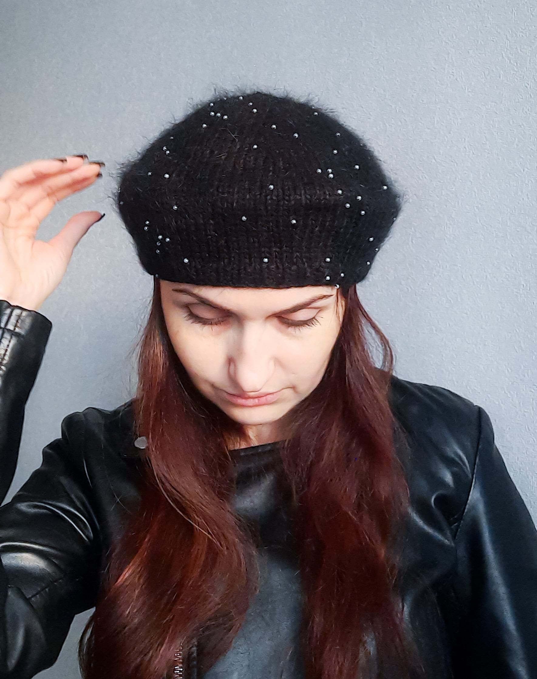 Black Knit Angora Beret/black Knit Beret With Beads/angora Knitted ...