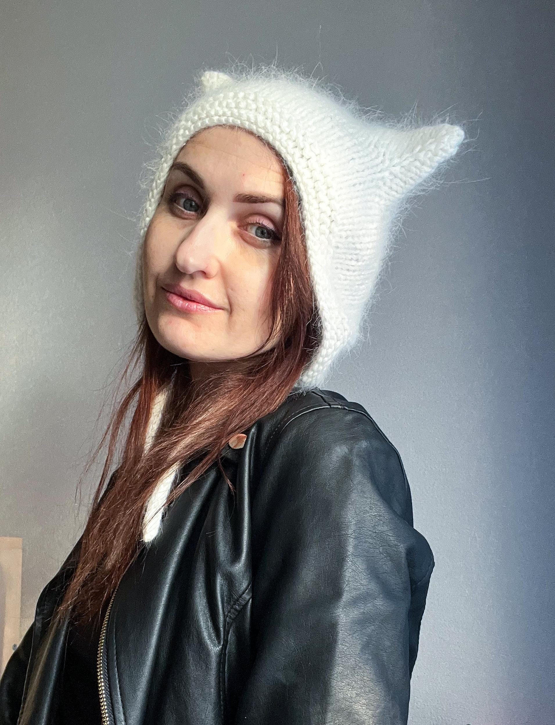 White Cat Ears Knit Adult Bonnet/kitty White Knit Angora Bonnet Adult ...