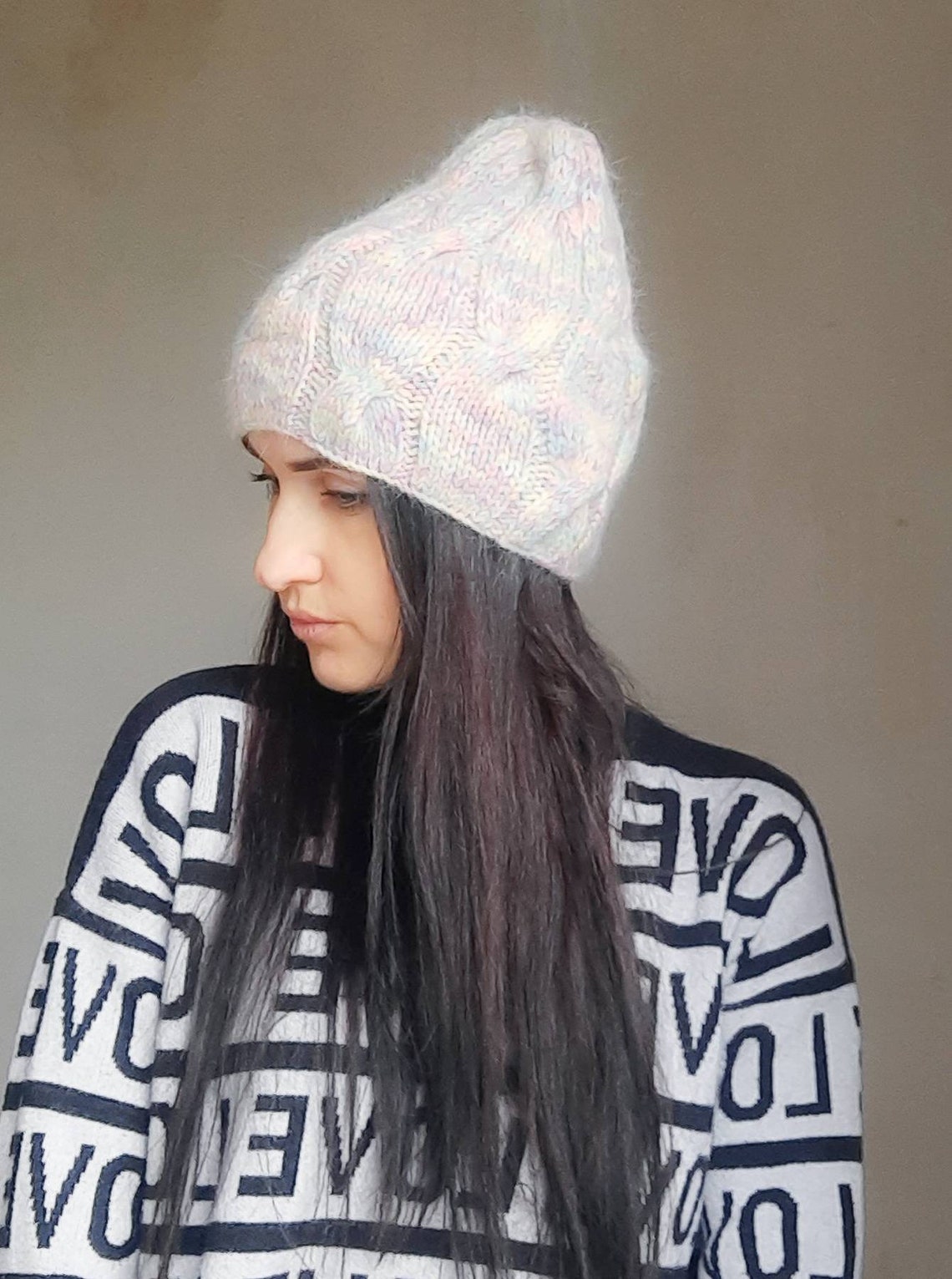 Pastel Rainbow Knit Angora Beanie Hat/angora Knitted Slouchy Beanie Hat ...