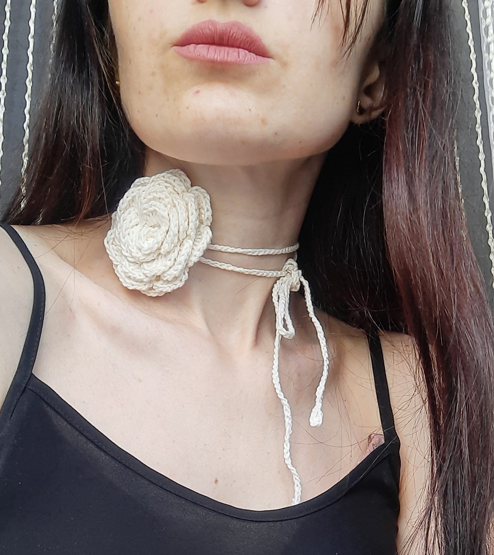 Off White Crochet Rose Choker/crochet Rose Necklace/crochet Flower ...