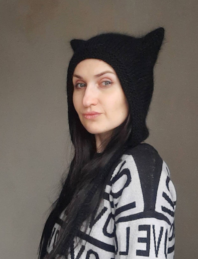 Cat Ears Knit Adult Bonnet/kitty Black Knit Angora Bonnet Adult/kitty ...