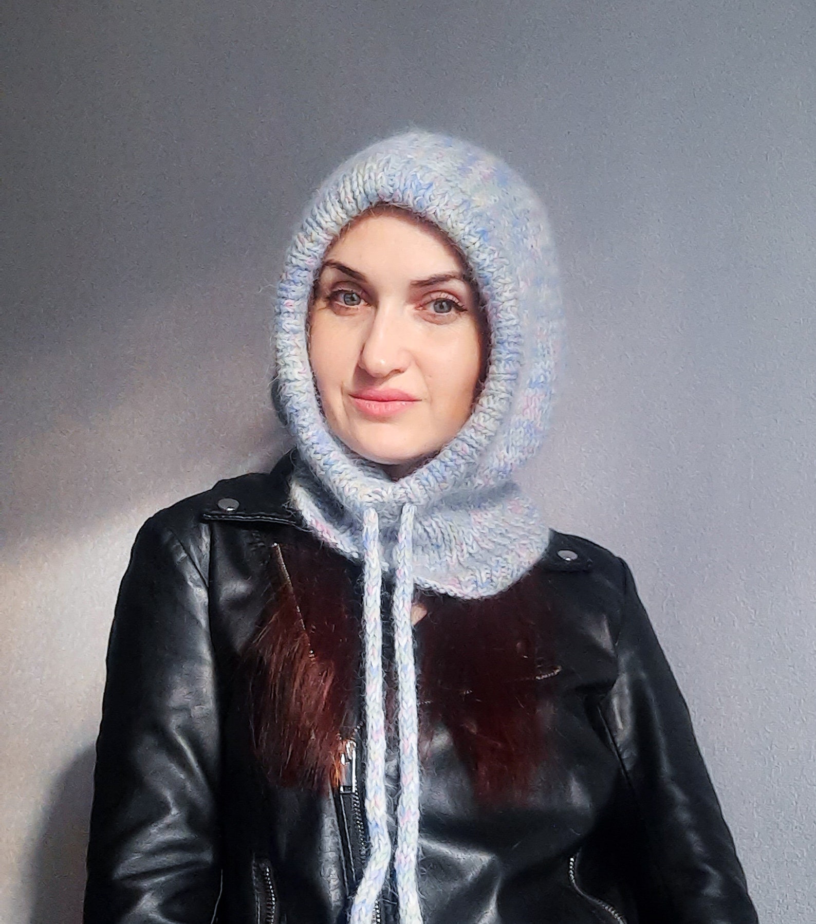 Knit Angora Hood/pastel Blue Knit Angora Balaclava/blue Melange Knitted ...