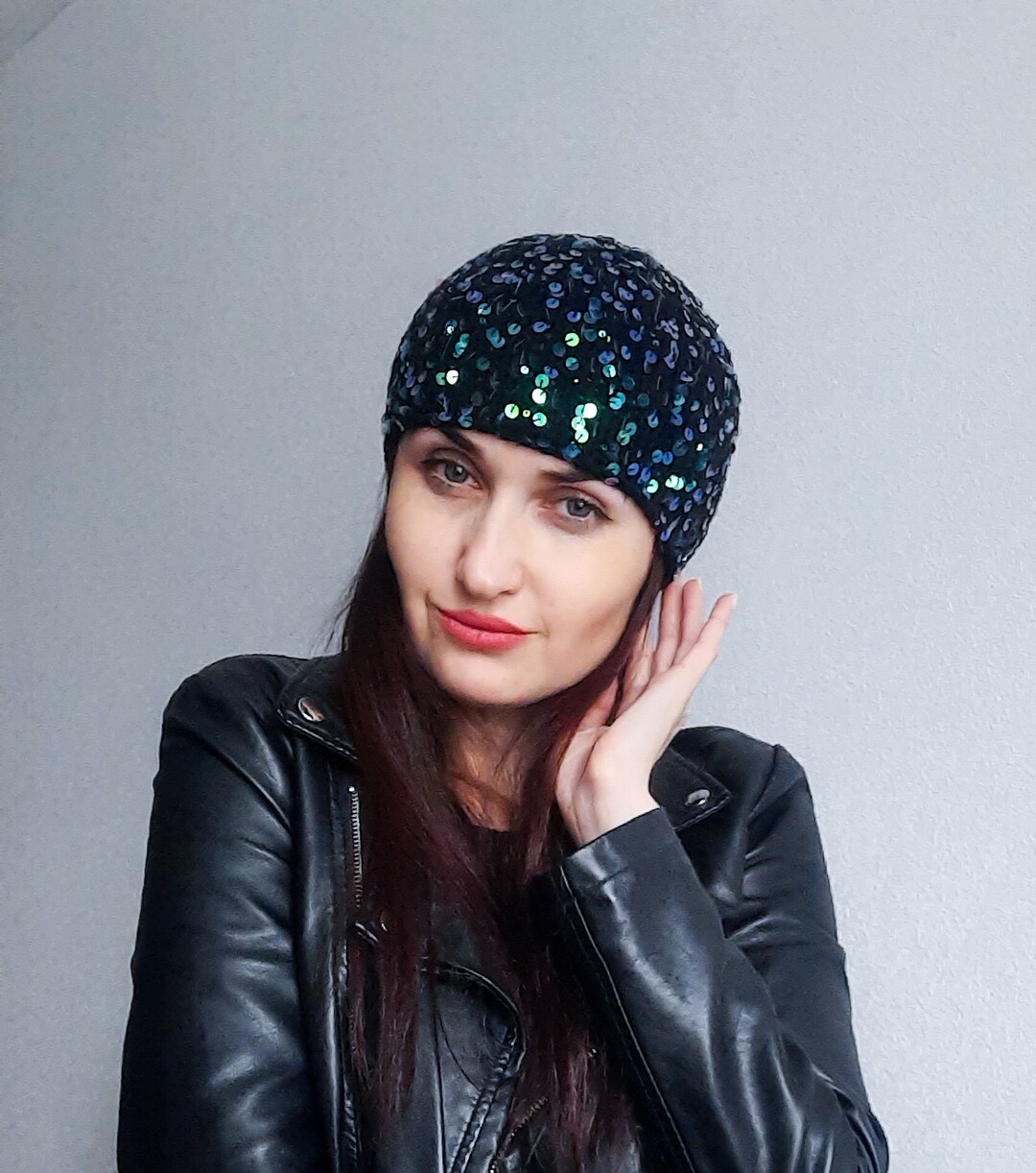 Black Sequins Knit Beanie Hat/black Shiny Knit Cotton Beany/knit Cotton ...