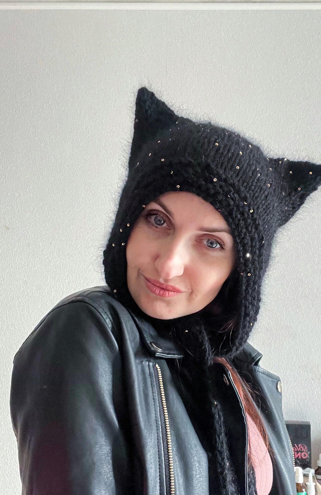 Cat Ears Knit Adult Bonnet/kitty Black Pailettes Knit Angora Bonnet ...
