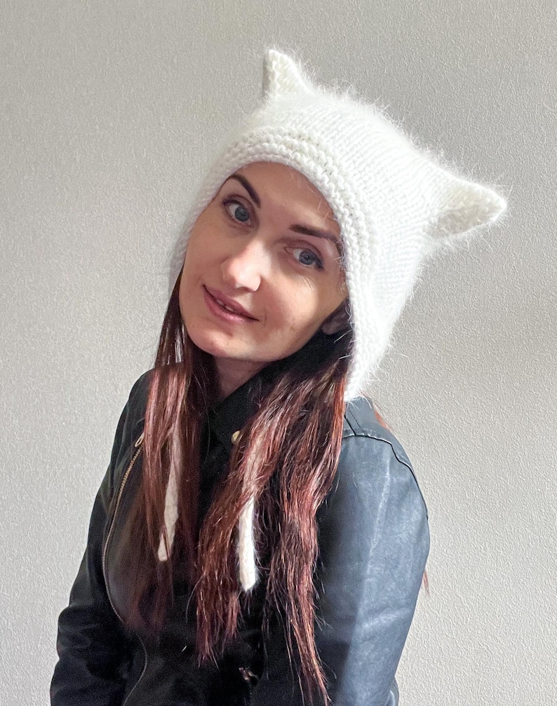 Cat Ears Knit Adult Bonnet/kitty Black Knit Angora Bonnet Adult/white ...