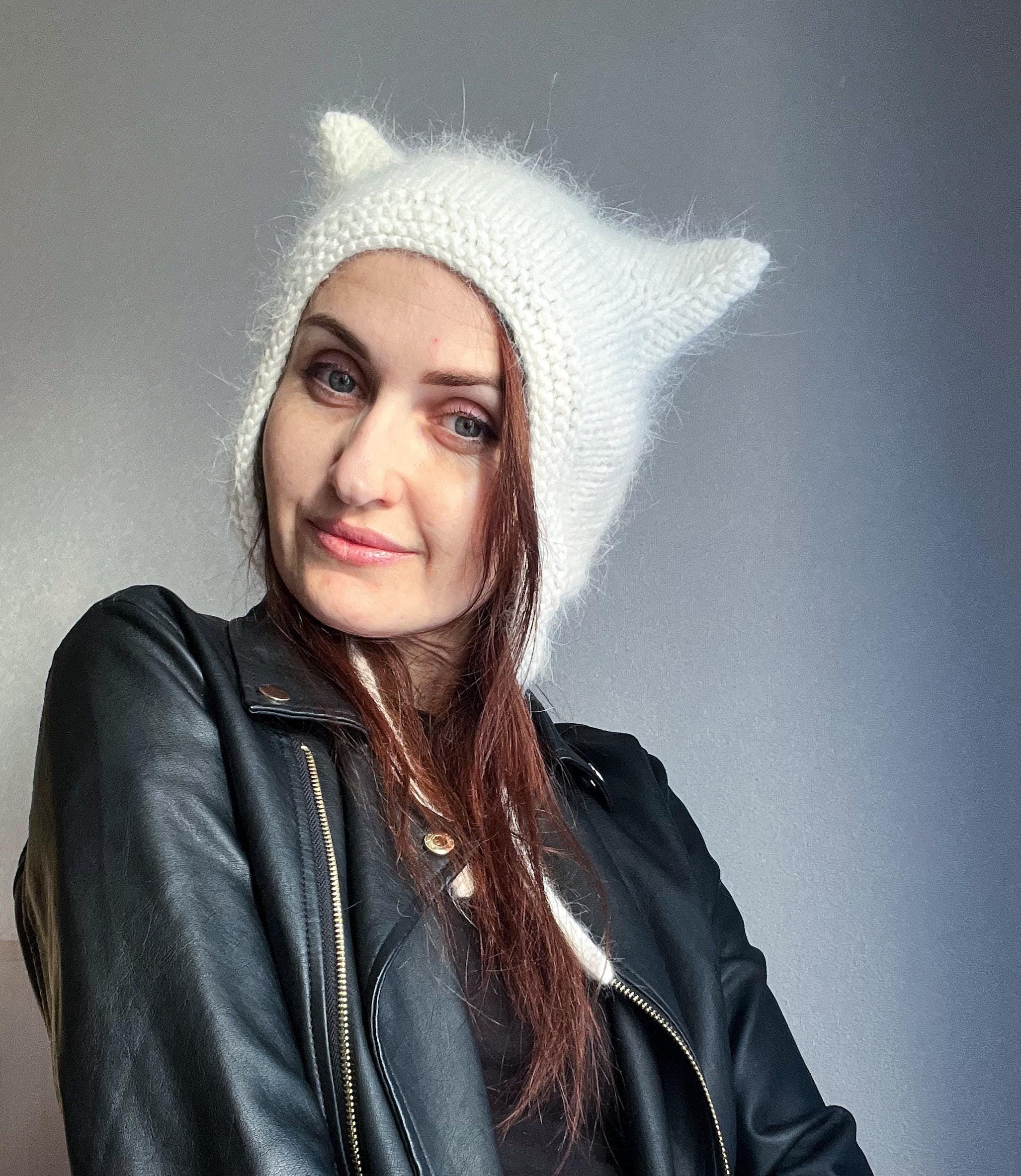 White Cat Ears Knit Adult Bonnet/kitty White Knit Angora Bonnet Adult ...