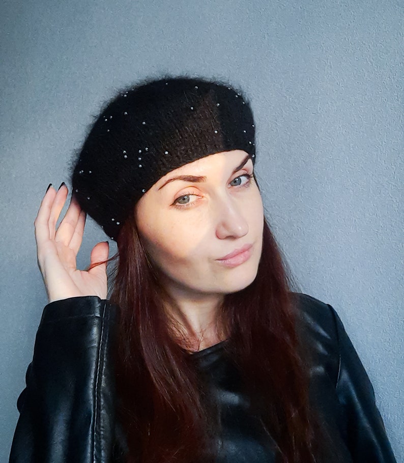 Black Knit Angora Beret/black Knit Beret With Beads/angora Knitted ...