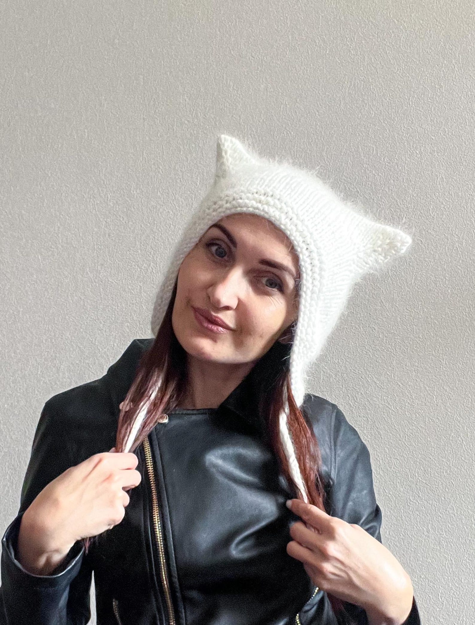 Cat Ears Knit Adult Bonnet/kitty Black Knit Angora Bonnet Adult/white ...