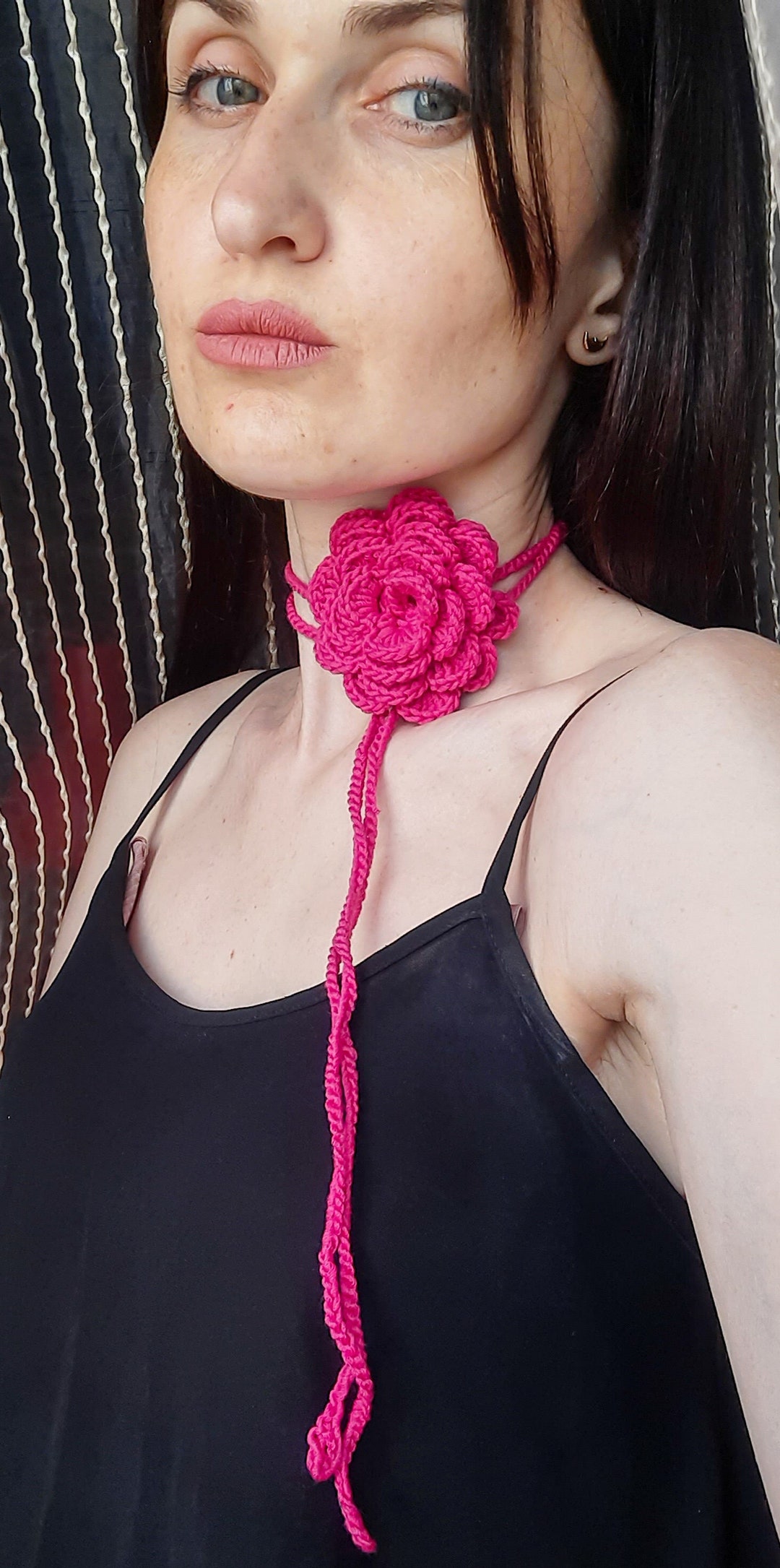 Fuchsia Rose Crochet Choker/pink Crochet Rose Necklace/crochet Choker ...