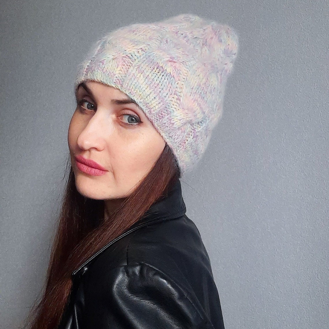Pastel Rainbow Knit Angora Beanie Hat/angora Knitted Slouchy Beanie Hat ...