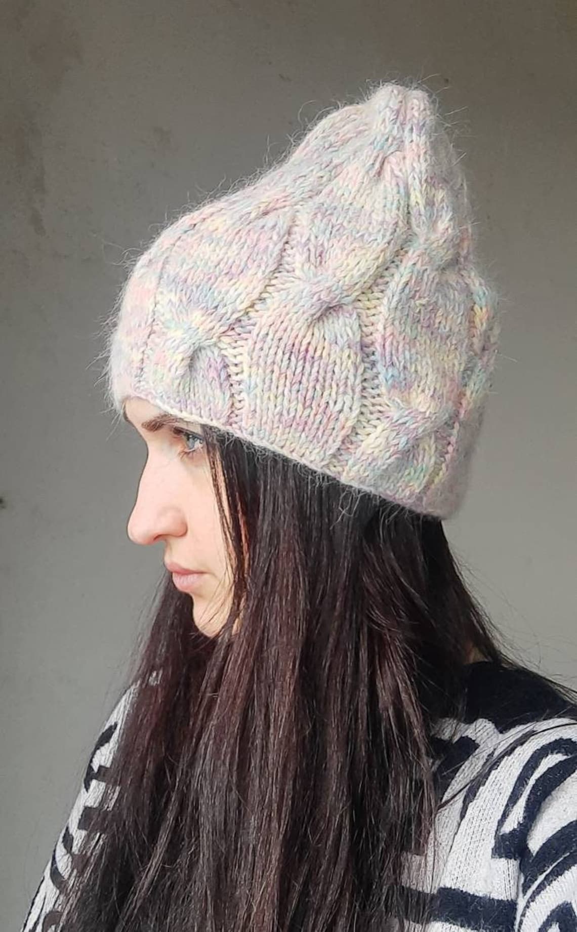 Pastel Rainbow Knit Angora Beanie Hat/angora Knitted Slouchy Beanie Hat ...