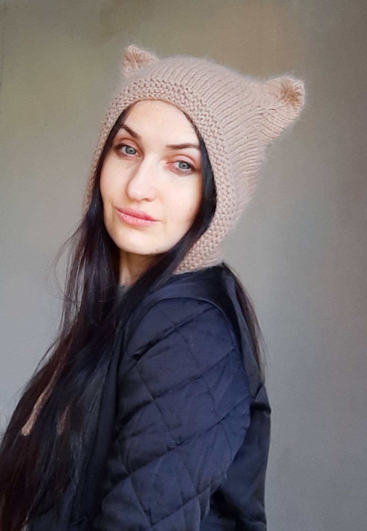 Knit Kitty Adult Bonnet/cat Ears Bonnet Adult/angora Knitted Bonnet Hat ...