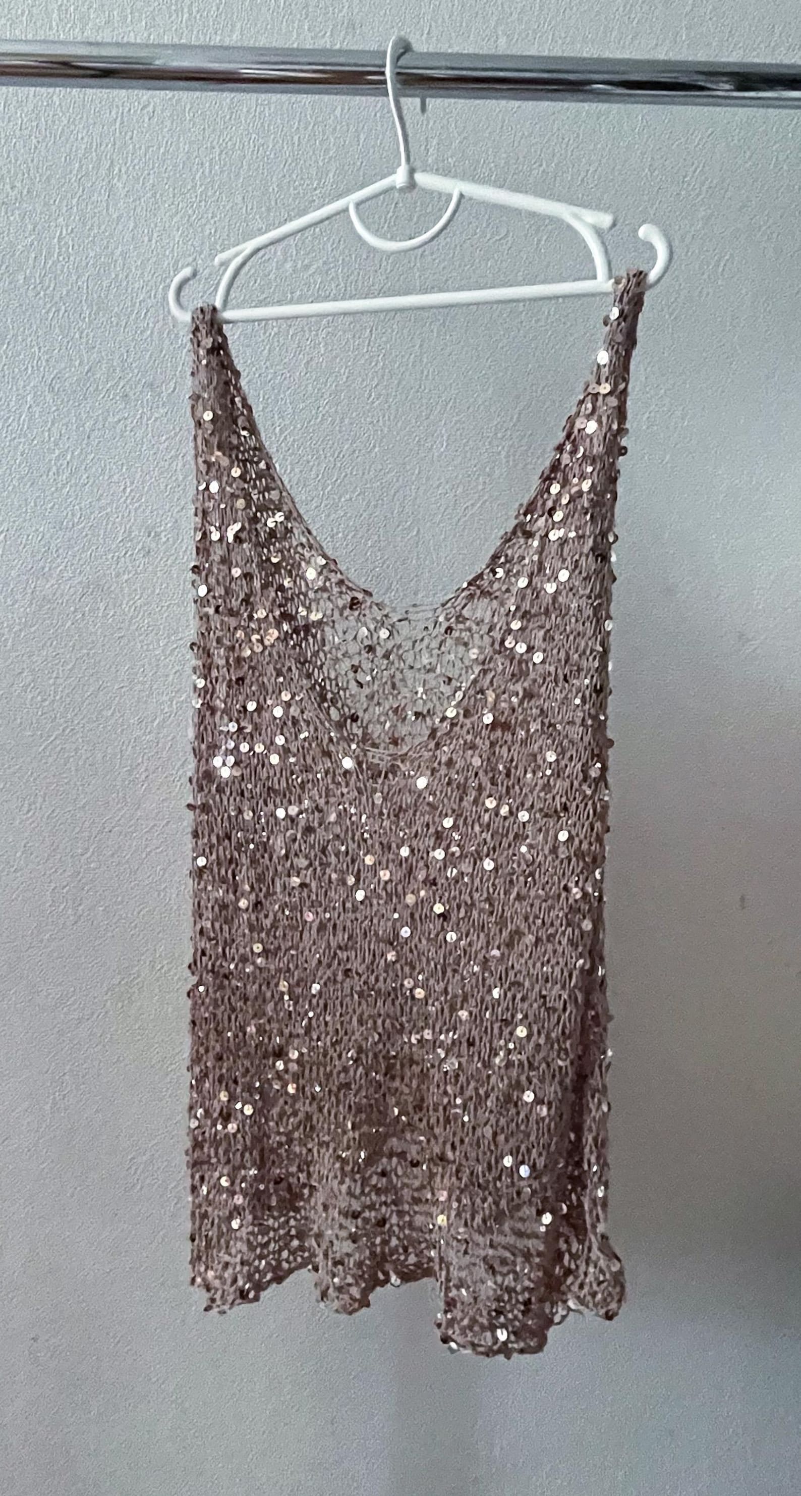 Gold Beige Knit Mesh Sequins Top/knit Sequin Crop Top/cotton Knit ...