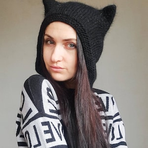 Cat Ears Knit Adult Bonnet/kitty Black Knit Angora Bonnet Adult/kitty ...