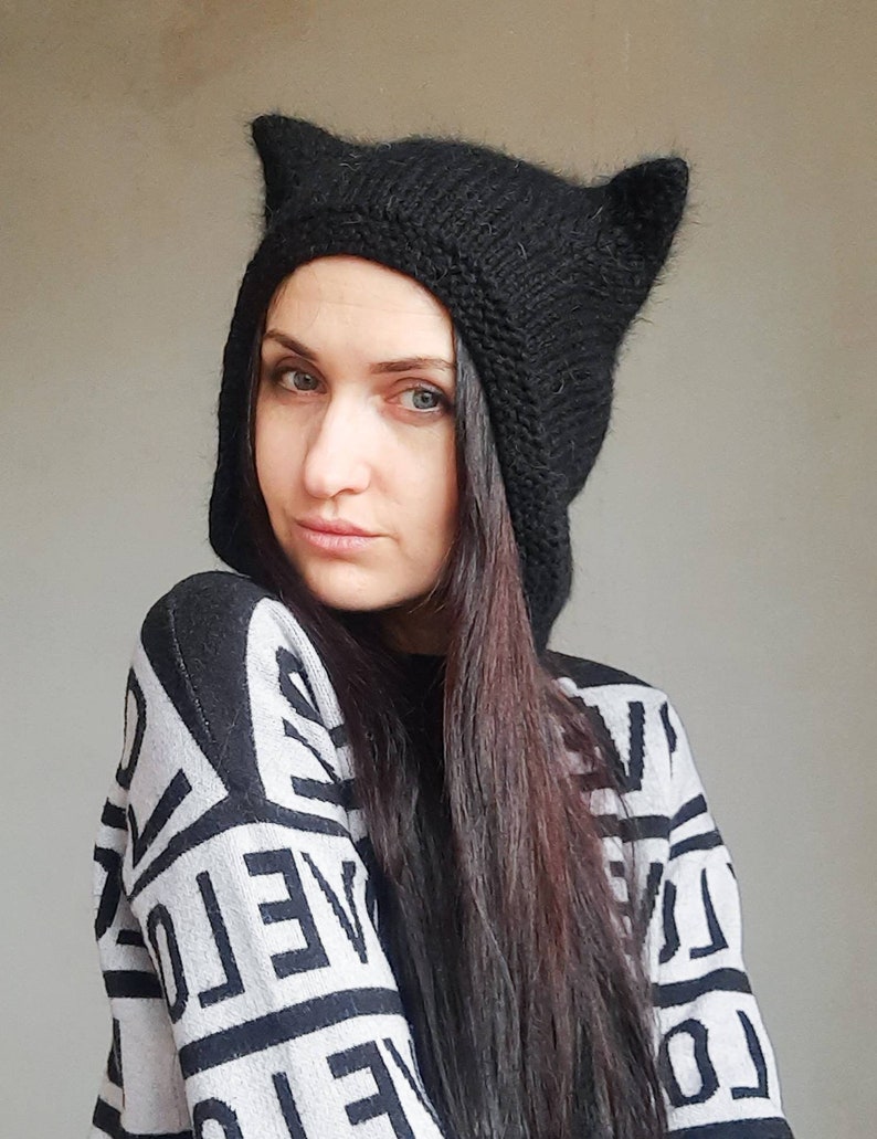 Cat Ears Knit Adult Bonnet/kitty Black Knit Angora Bonnet Adult/white ...