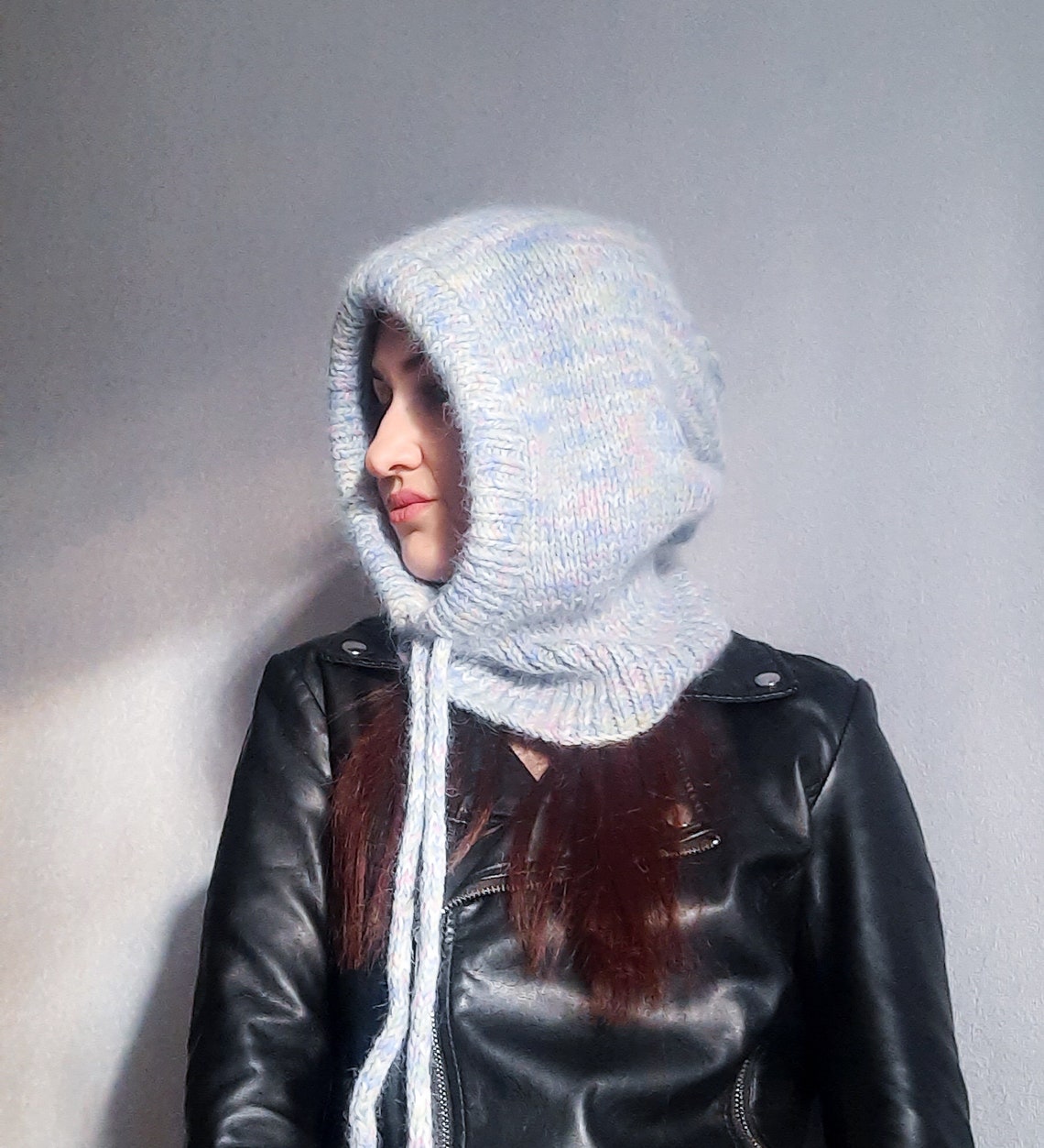 Knit Angora Hood/pastel Blue Knit Angora Balaclava/blue Melange Knitted ...