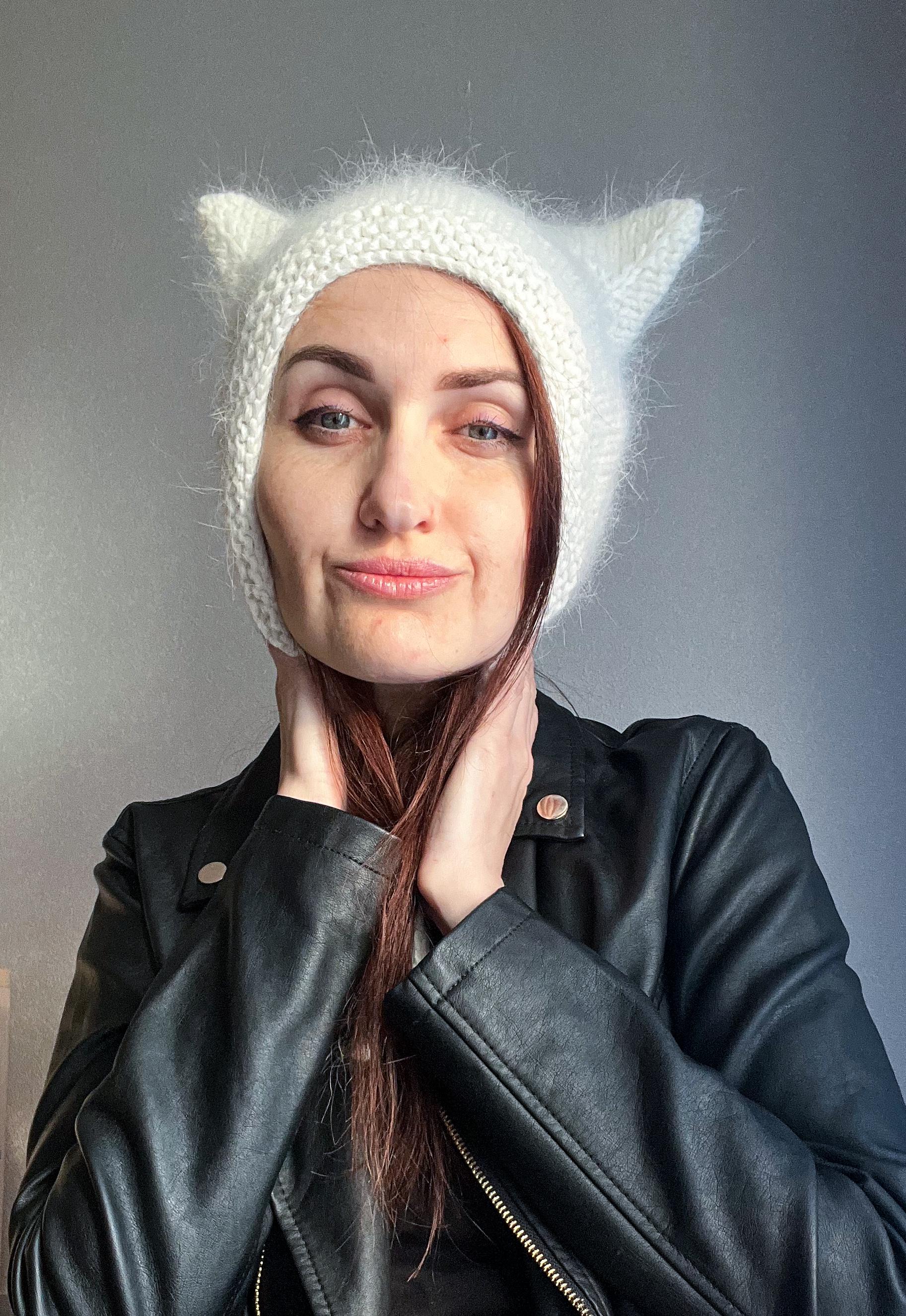 White Cat Ears Knit Adult Bonnet/kitty White Knit Angora Bonnet Adult ...
