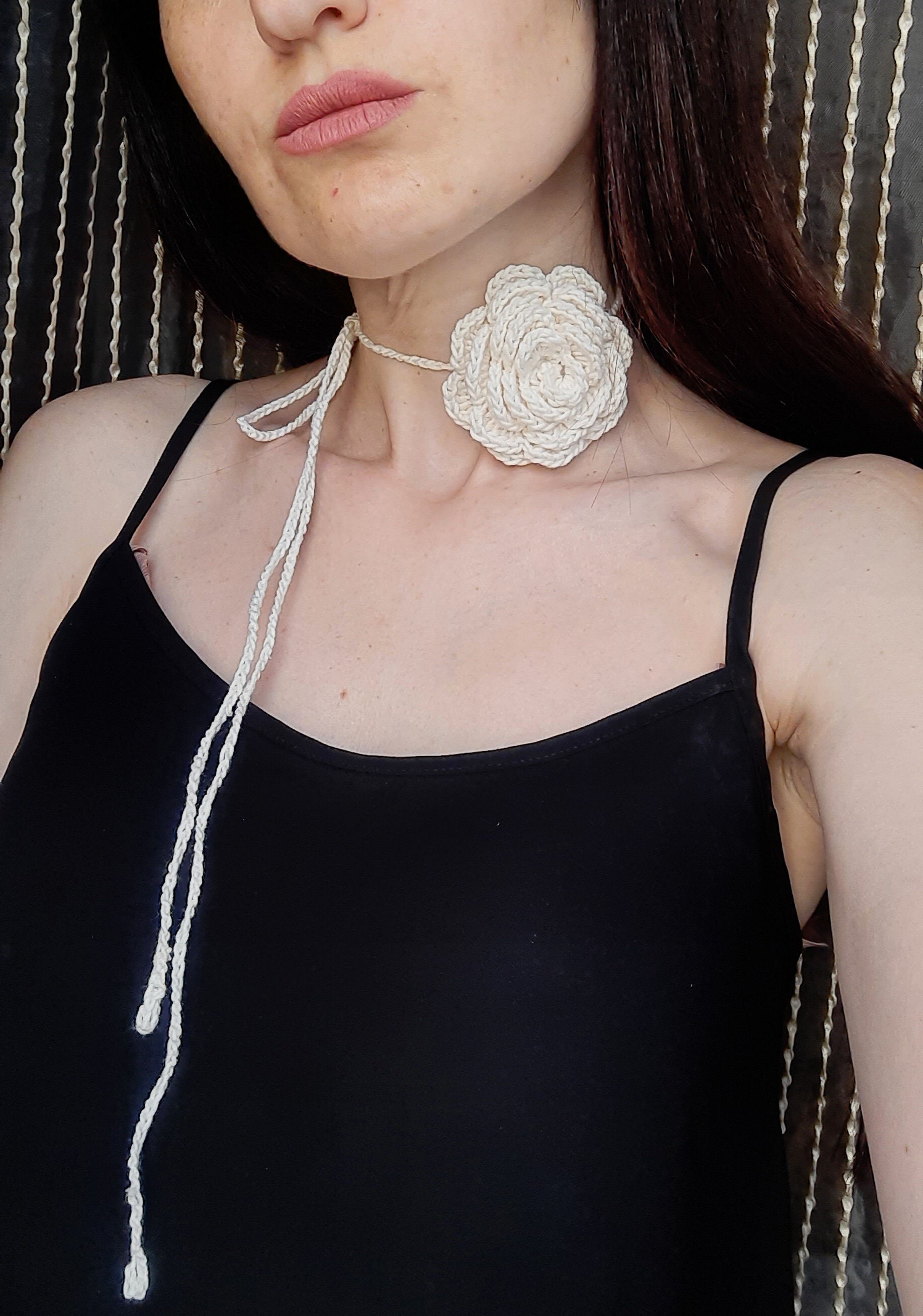 Off White Crochet Rose Choker/crochet Rose Necklace/crochet Flower ...